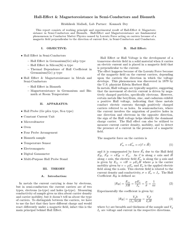 Report 1 Hall Effect Magnetoresistance 2111158 | PDF | Semiconductors ...
