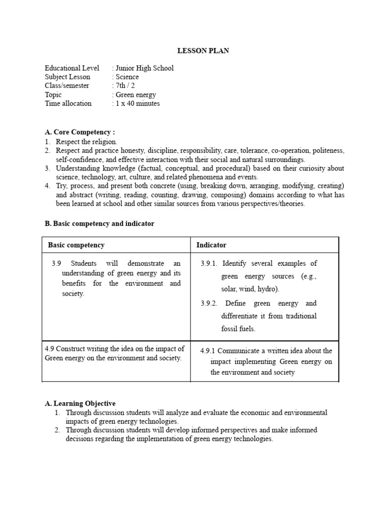 Green Energy Lesson Plan_Jihan Azhara_2100579 | PDF | Renewable Energy ...