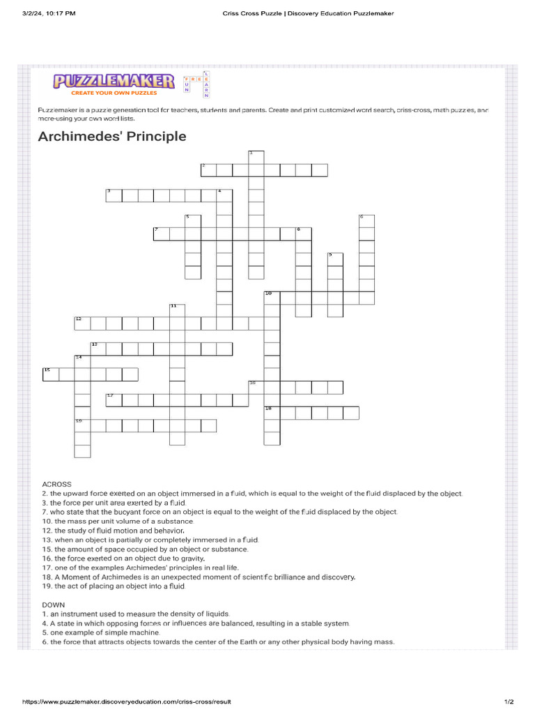 CrossWord Puzzle Archimedes Principle - Jihan Azhara - 2100579 | PDF