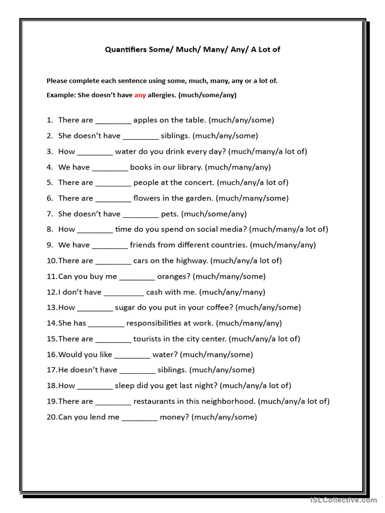 Quantifiers Quantifiers Some - Much - Many - Any - A Lot of | PDF