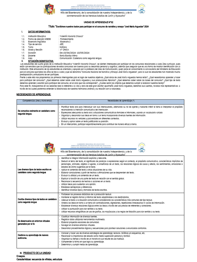 UNIDAD DE APRENDIZAJE 2024 II Cuarto | Descargar gratis PDF | Aprendizaje | Evaluación