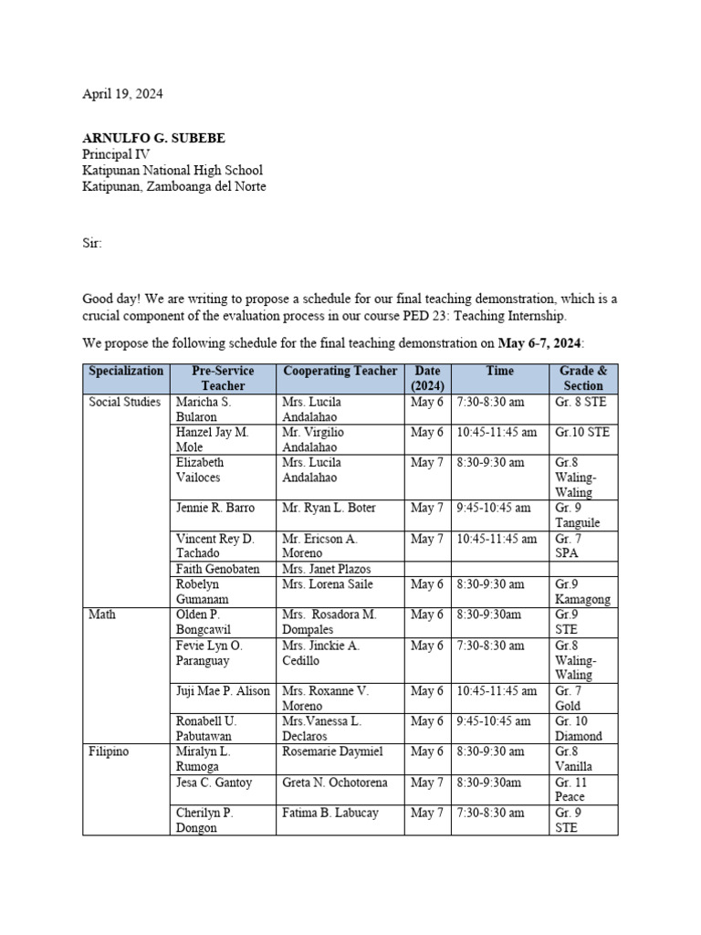 Final Teaching Demo Schedule 2024 | PDF