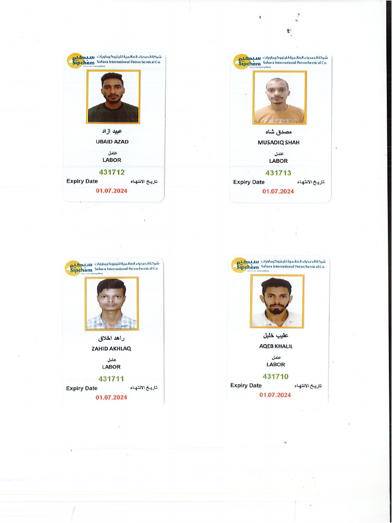 Sipchem IDs Received (04-28-2024) (12 Employees) | PDF