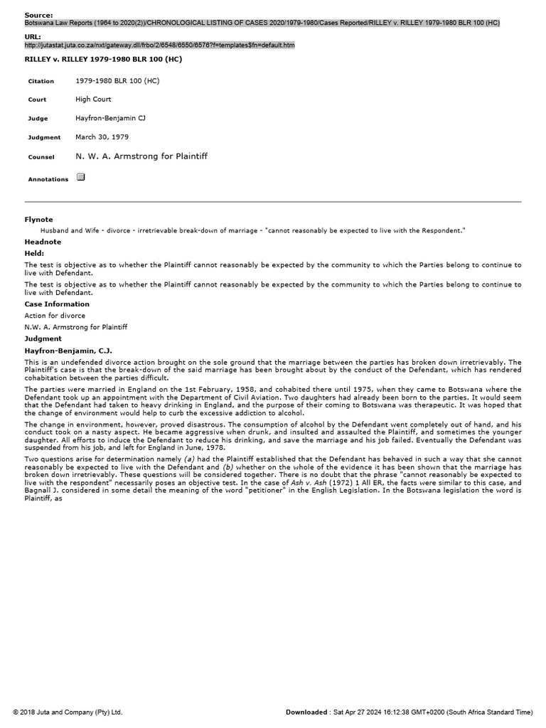 RILLEY v. RILLEY 1979-1980 BLR 100 (HC) | PDF | Judgment (Law) | Marriage