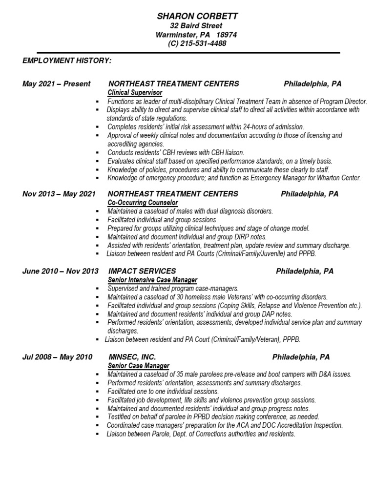 Sharon Corbett Resume | PDF | Parole | Clinical Medicine