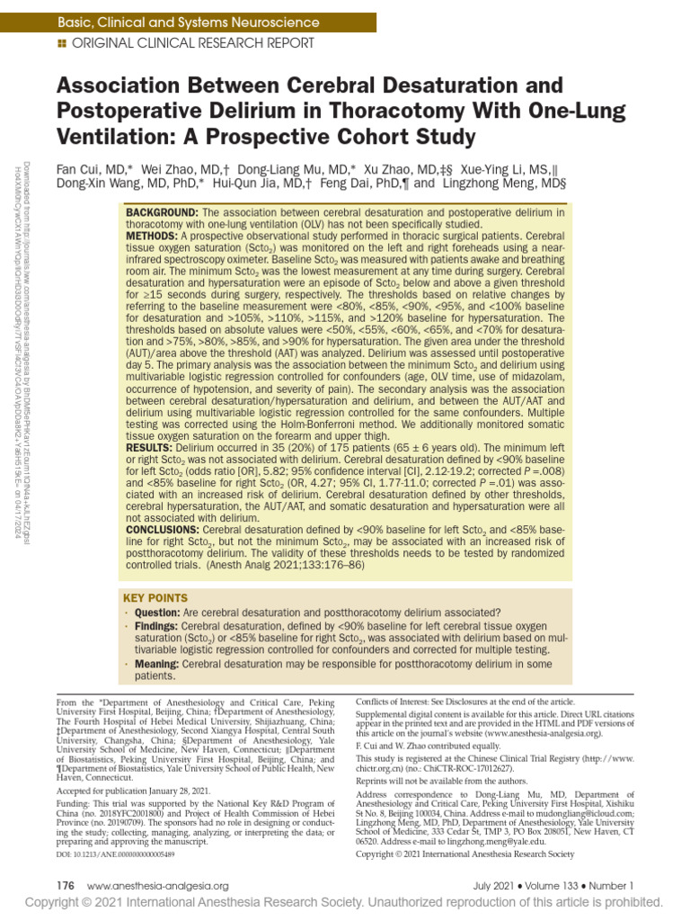 Cerebral Desaturation and Delirium Risk | PDF | Anesthesia | Medicine