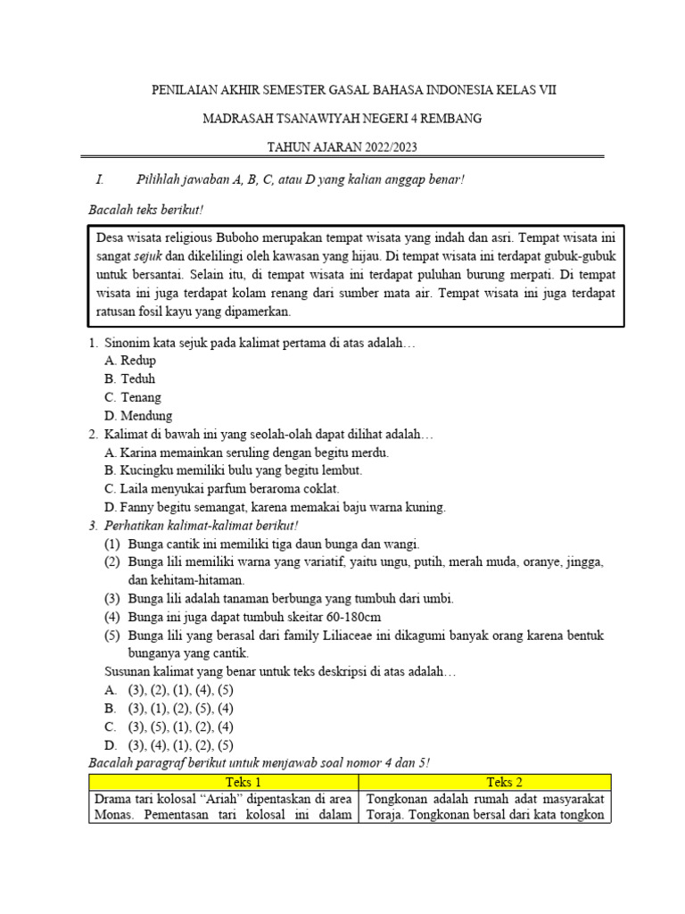 Soal Pas B.ina Kelas 7 | PDF