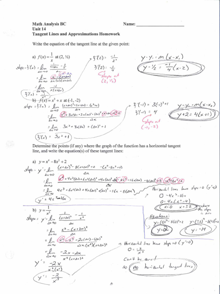 Tangent Lines HW Solutions | PDF