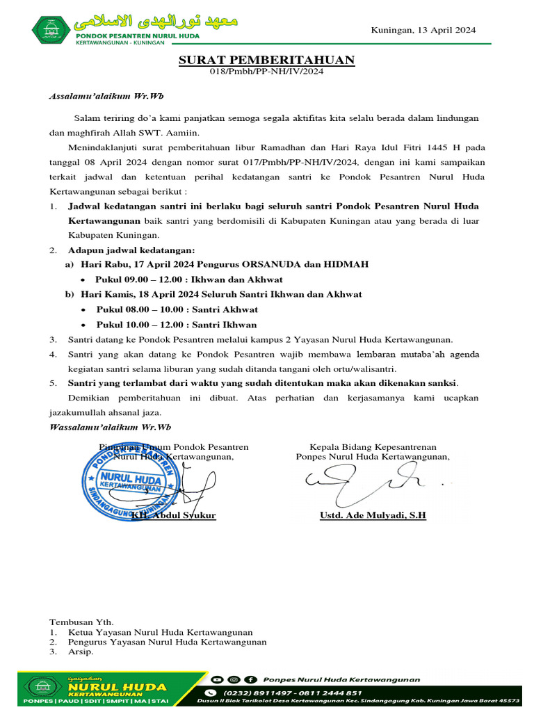 Pemberitahuan Kedatangan Santri, April 2024 | PDF