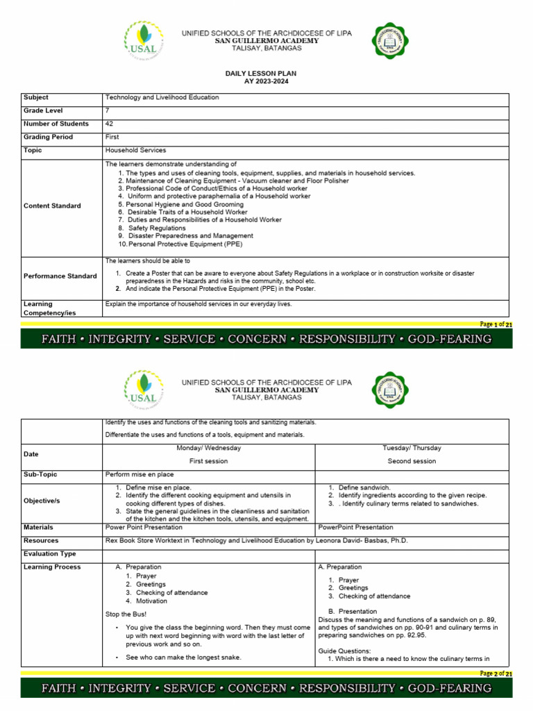 DAILY LESSON PLAN in TLE 7 | PDF | Learning | Fruit Preserves
