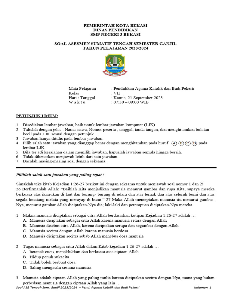SOAL ASTS Kelas 7 AGAMA KATOLIK GANJIL | PDF