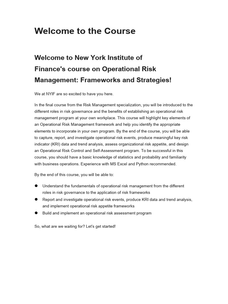 Welcome To The Course | PDF | Risk | Risk Management