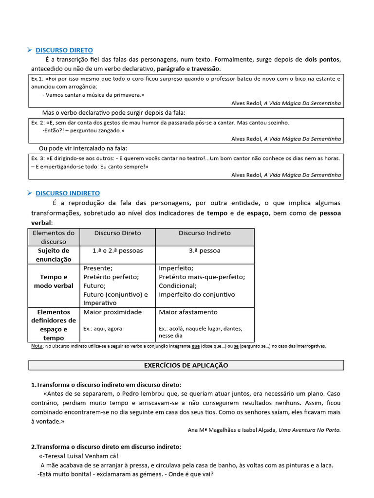 Ficha_portugues_9_ano_discurso_direto_e_indireto | PDF | Linguística