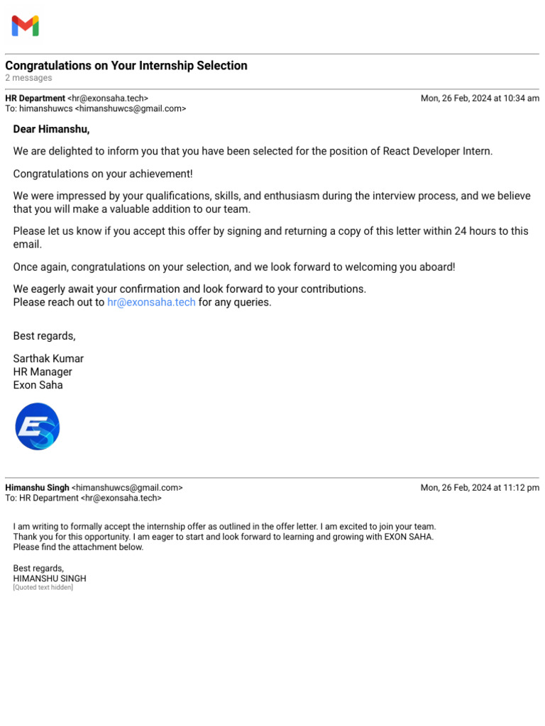 Gmail - Congratulations On Your Internship Selection | PDF