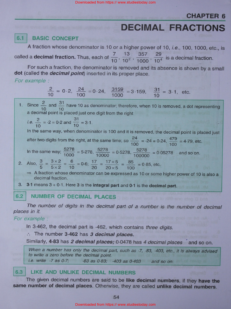 ICSE Class 6 Maths Chapter 06 Decimal Fractions | PDF