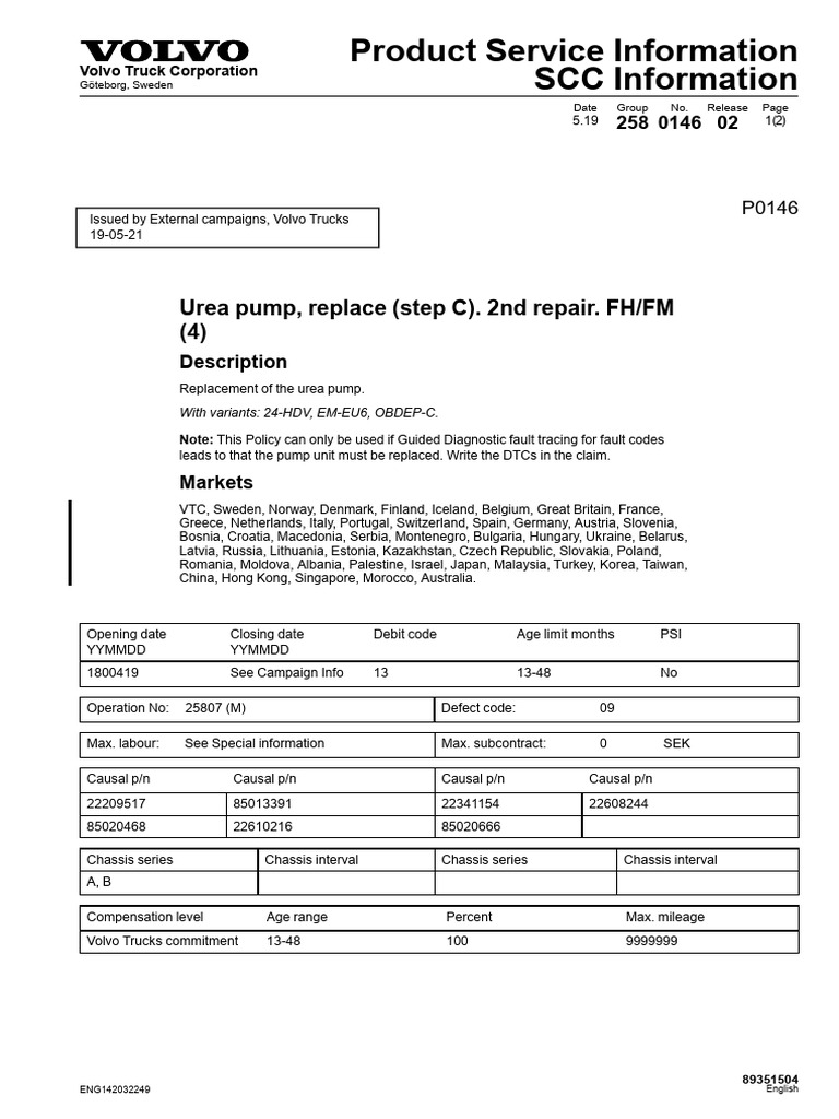 Product Service Information SCC Information: Urea Pump, Replace (Step C) - 2nd Repair. FH/FM | PDF