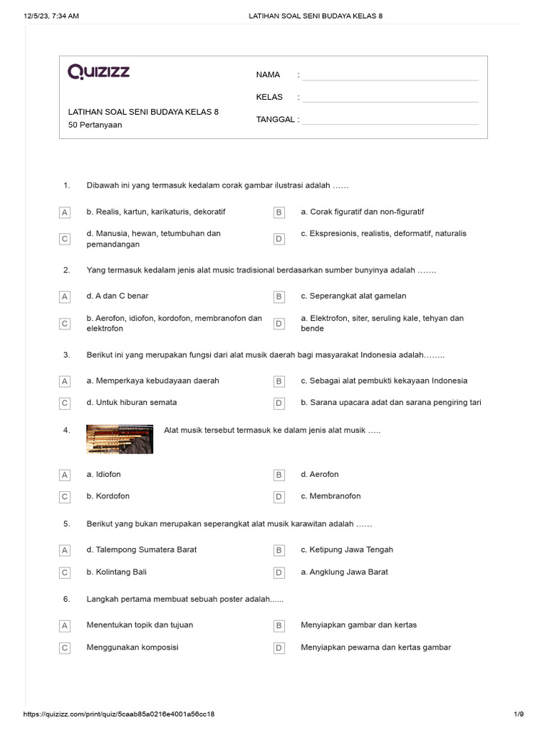 Latihan Soal Seni Budaya Kelas 8 | PDF