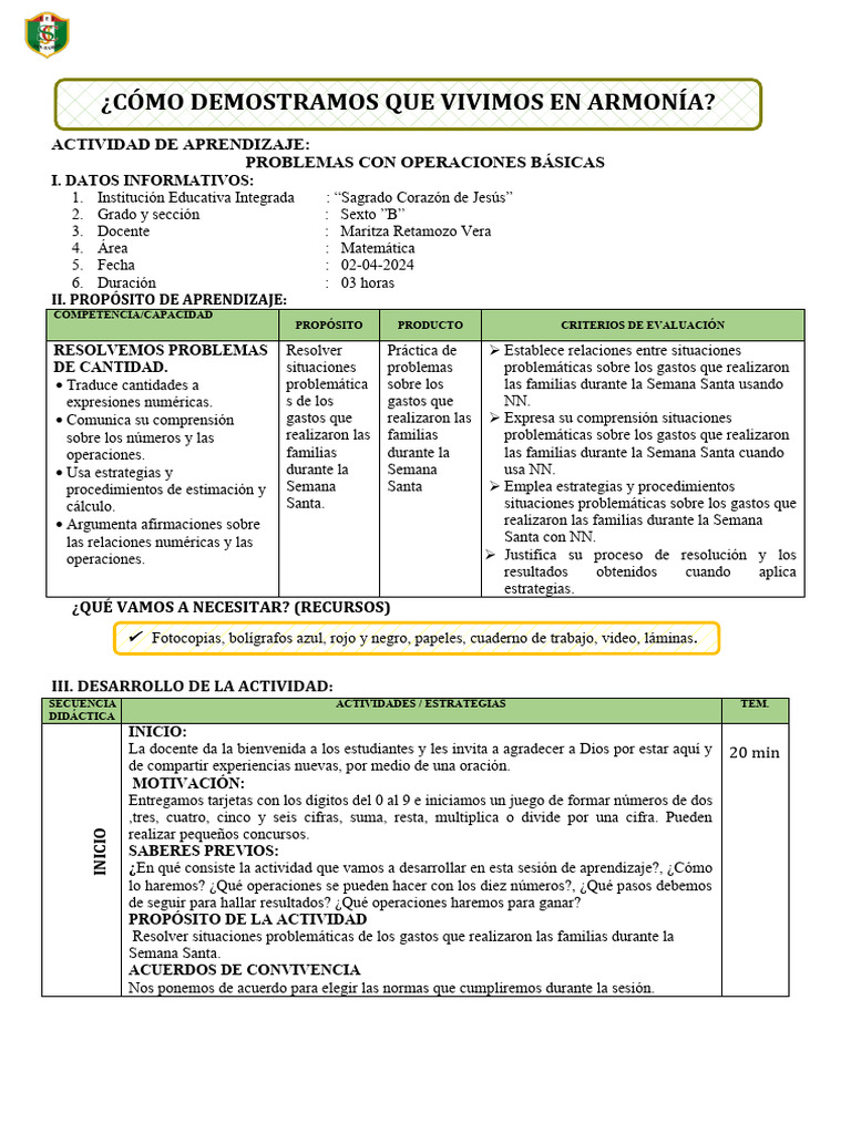 Sesion de Aprendizaje Sobre Problemas de Adicion | PDF | Sustracción | División (Matemáticas)