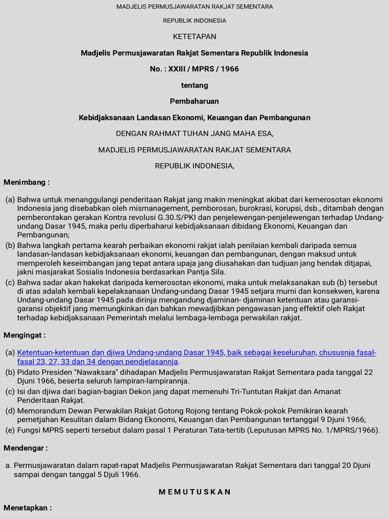 Tap MPR No. 23 Tahun 1966 | PDF | Pengelolaan Keuangan & Uang | Ilmu Sosial