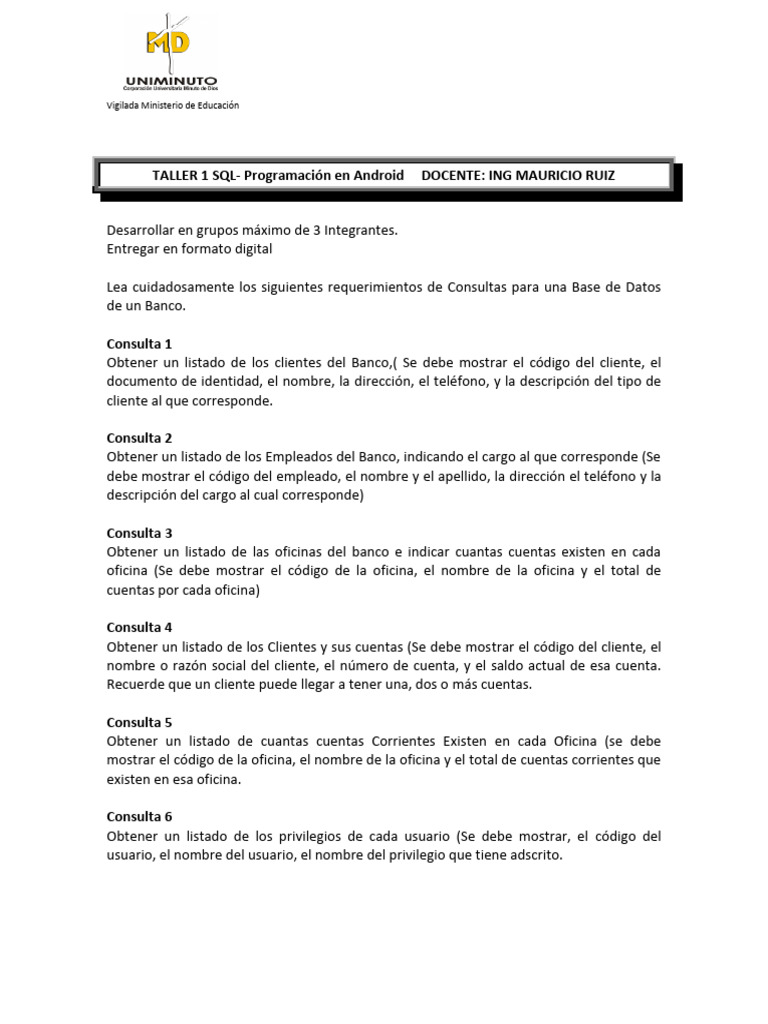 Taller 1 SQL | PDF | SQL | Gestión de tecnología de la información