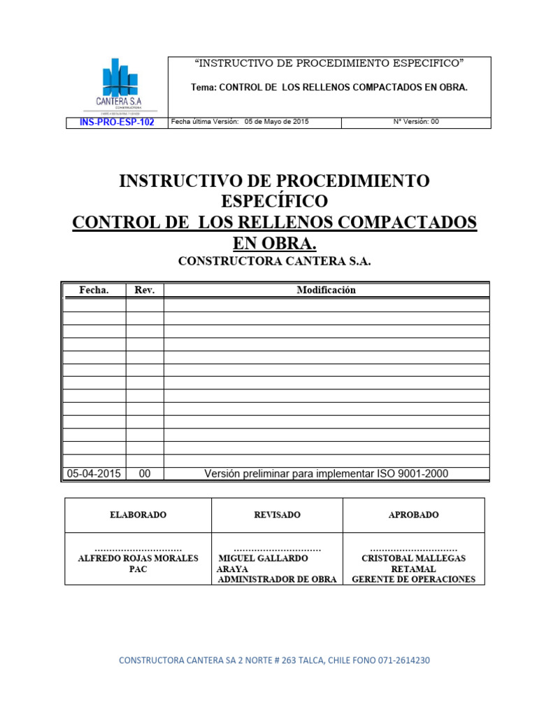 Ins-Pro-Esp-102 Control Rellenos Compactados | PDF