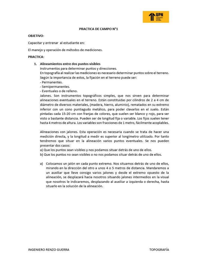 Practica de Campo N°1 Objetivo | PDF | Topografía | Distancia
