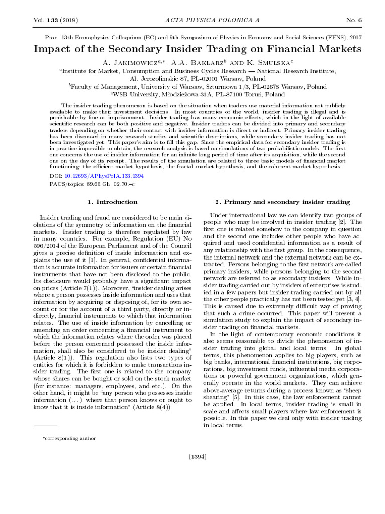 Impact Of The Seondary Insider Trading On Financial Markets PDF