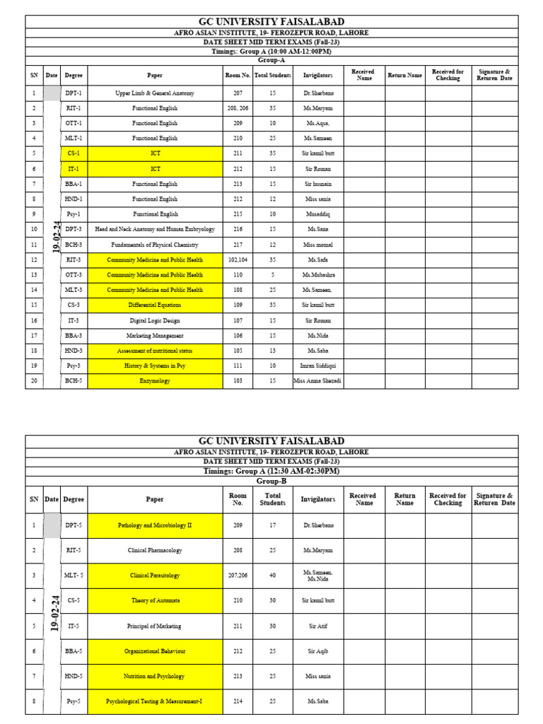 Date Sheet Fall 2023 Semester 1,3,5 | PDF
