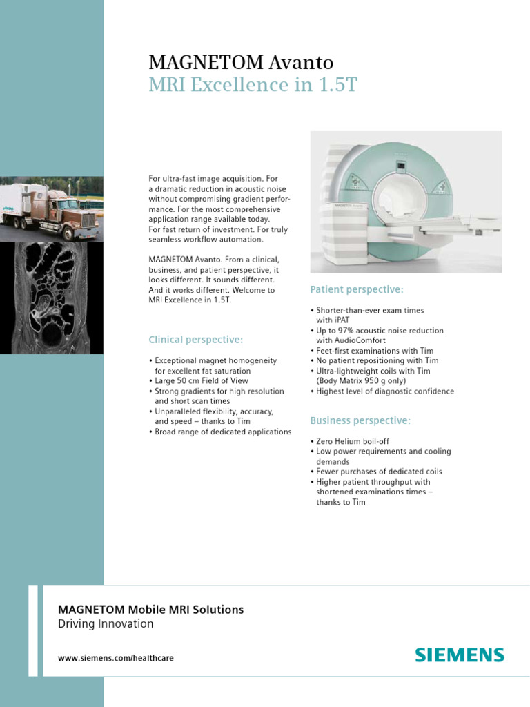 Siemens Avanto 1.5T MRI System | PDF | Magnetic Resonance Imaging | Siemens