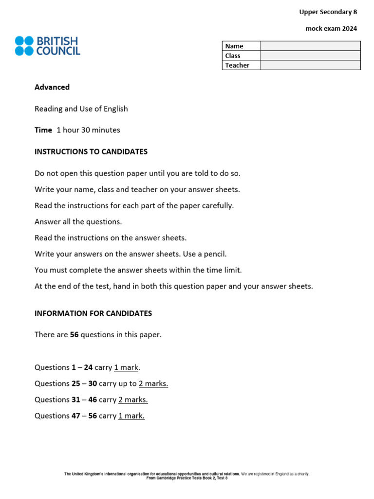 Level 8 - Reading and Use of English 2024 | PDF