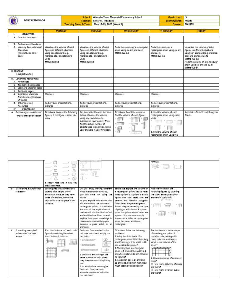 DLL - MAth Week 3 | PDF | Volume | Rectangle