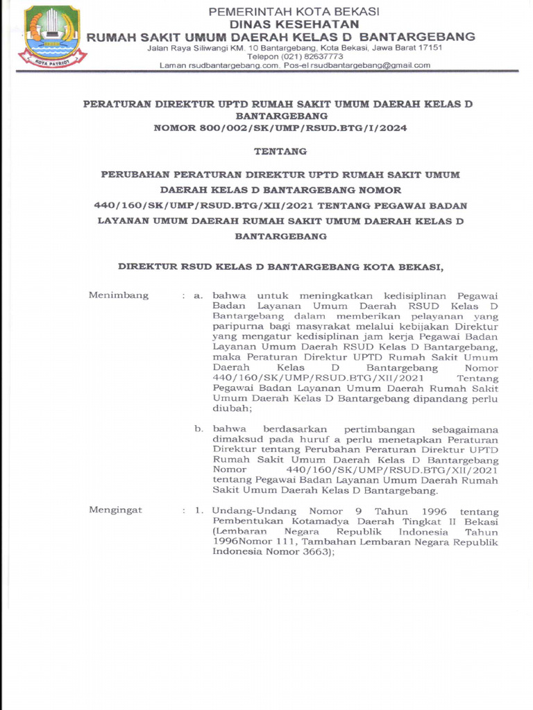 Peraturan Direktur Tentang Perubahan Perubahan Perdir Kepegawaian Layanan Umum Rsud Bantargebang ...