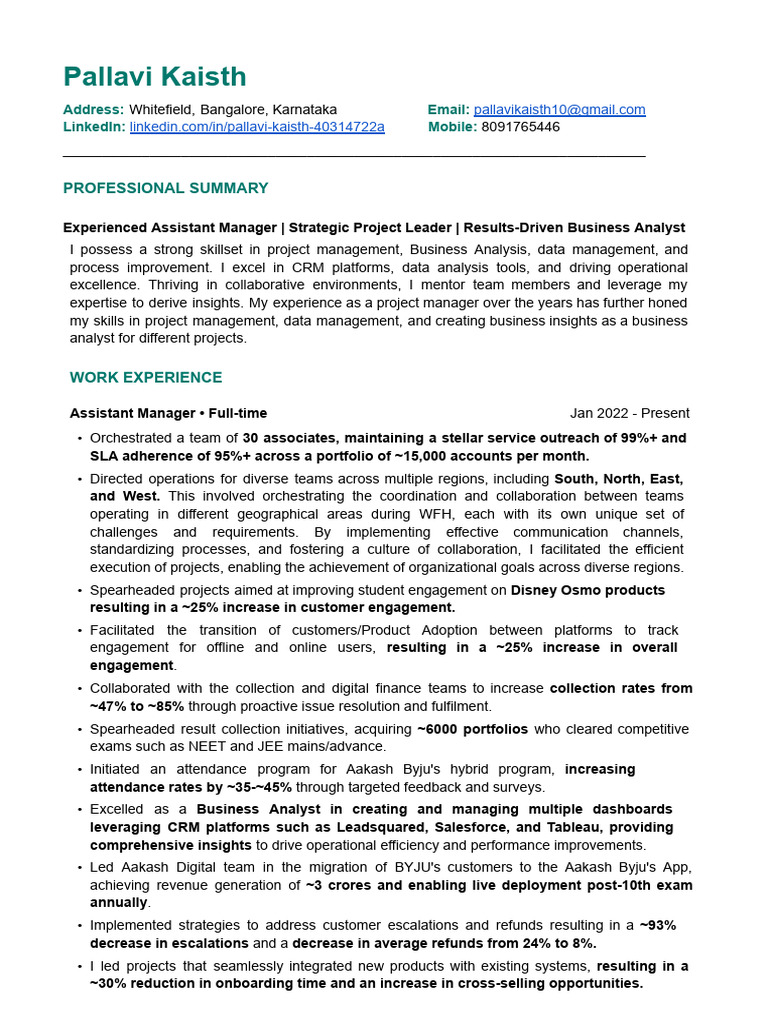 CV-Pallavi Kaisth | Download Free PDF | Customer Relationship ...
