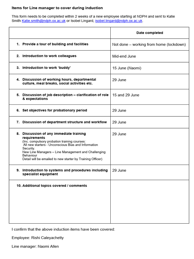 Line Manager Induction Checklist | PDF