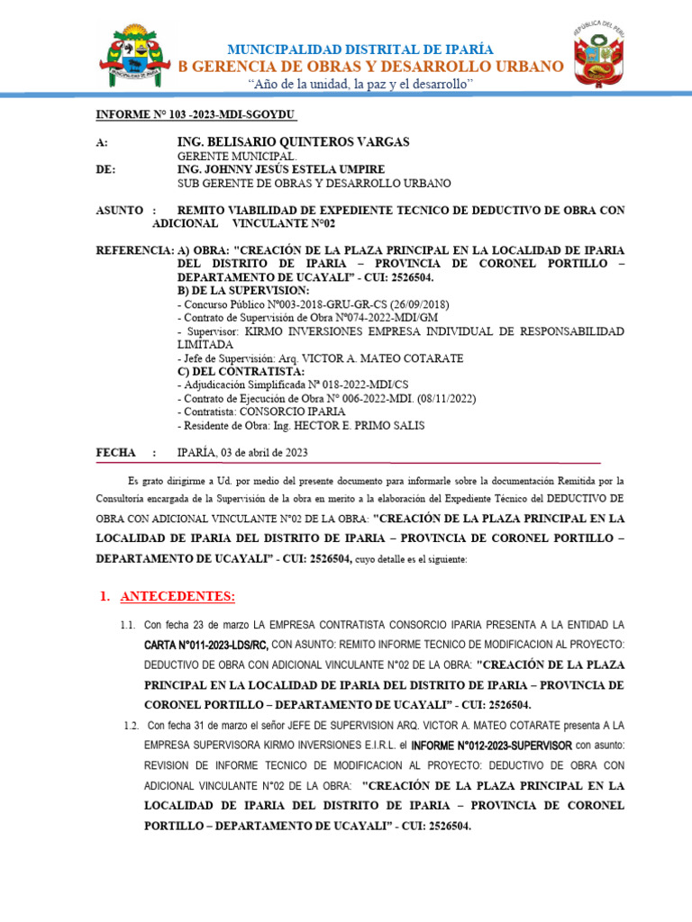 Informe 103 Adicional Deductivo Vinculado de Obra #02-Alegorias | PDF | Ingeniería de Edificación