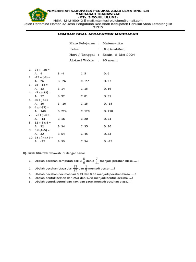 Soal Assessment MTs Matematika 2024 | PDF