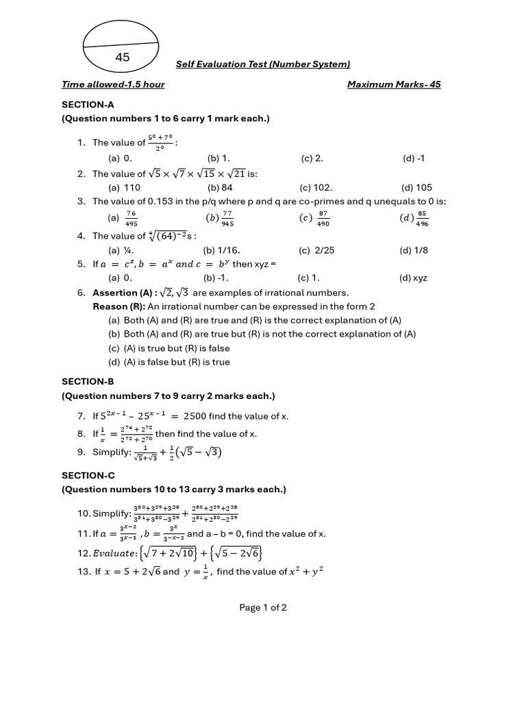 Number System Self Evaluation Test | PDF | Rational Number ...