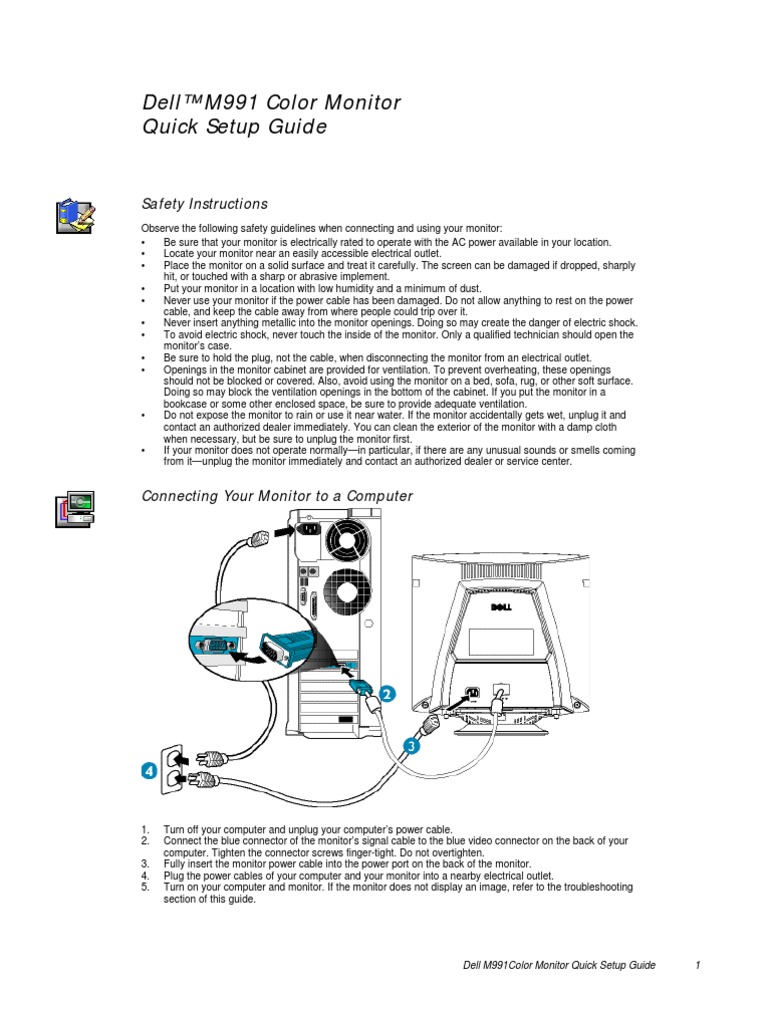 Dell™ M991 Color Monitor Quick Setup Guide: Safety Instructions | PDF ...