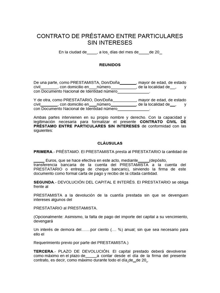 Contrato de Préstamo Entre Particulares Sin Intereses | PDF | Interés ...