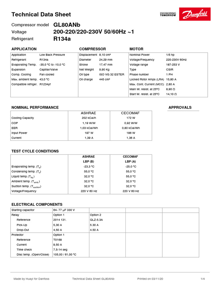 Danfoss GL80ANb R134a 220 60 | PDF | Electrical Engineering | Energy Technology