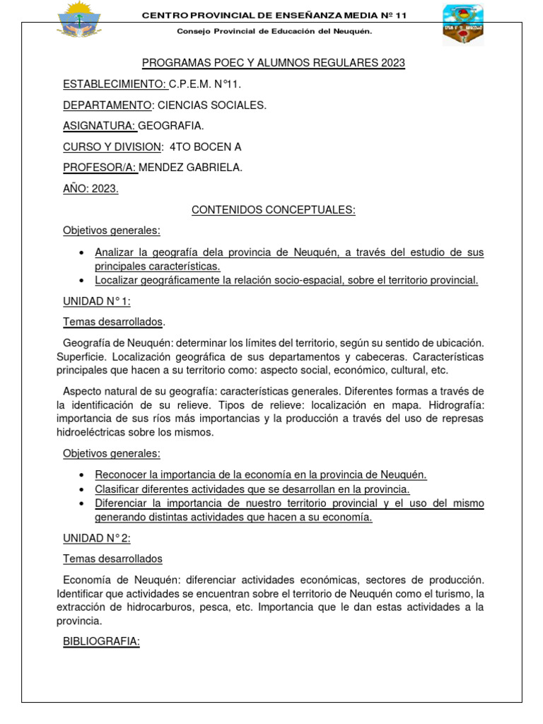 Programa Geografia4to Año Bocen A | PDF | Geografía