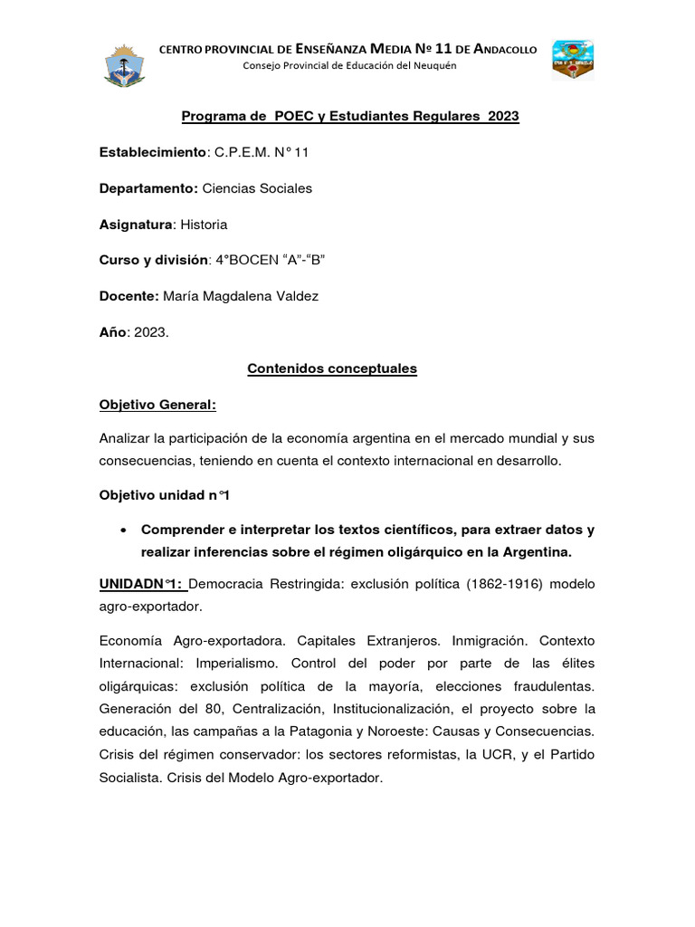 Programa Historia 4° Bocen A y B | PDF | Argentina