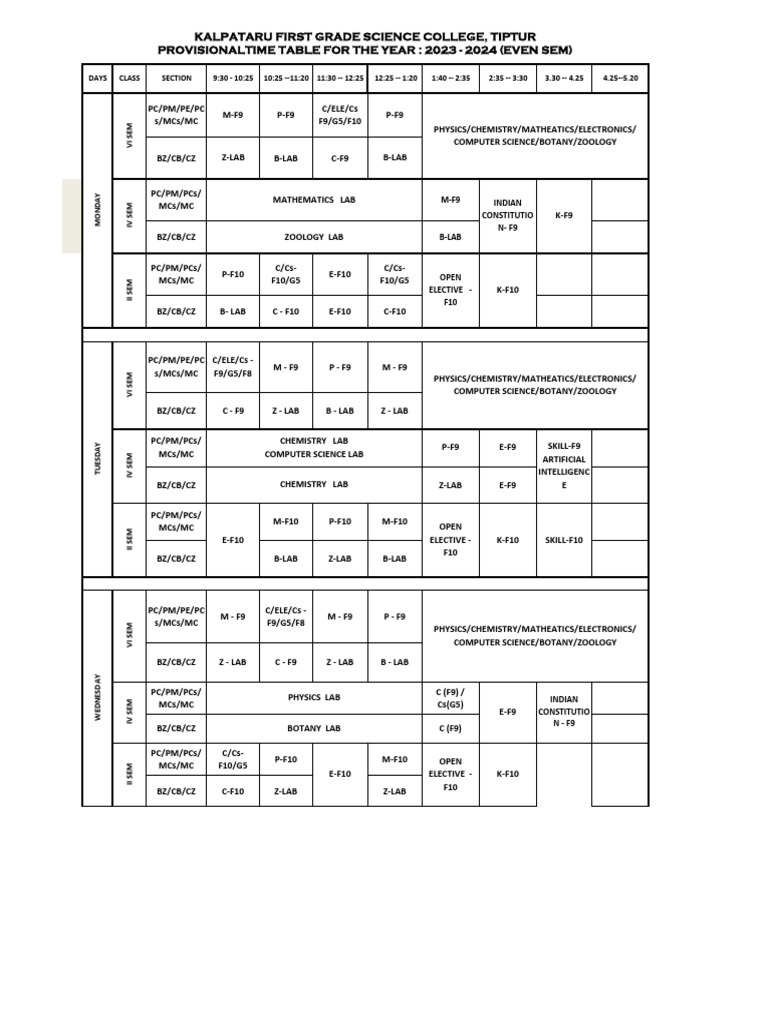 Time Table 2023 - 24 II, IV, Vi Latest Combined Student | PDF ...