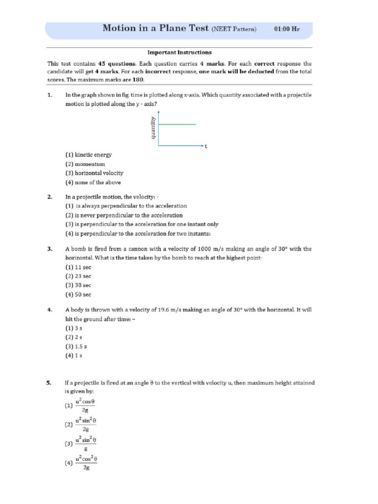 Motion in Plane Test | PDF