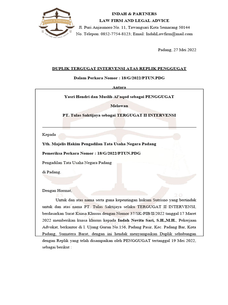 Duplik Tergugat Intervensi Atas Replik Penggugat | PDF | Hukum