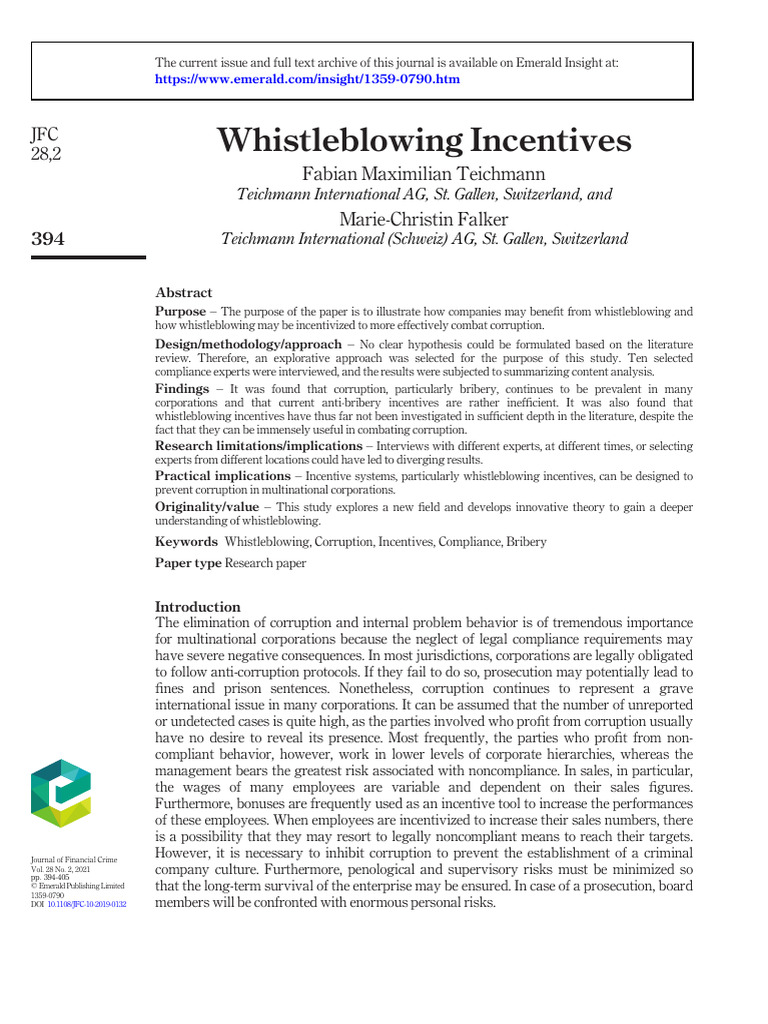 Whistleblowing Incentives Against Corruption | PDF | Incentive | Corruption