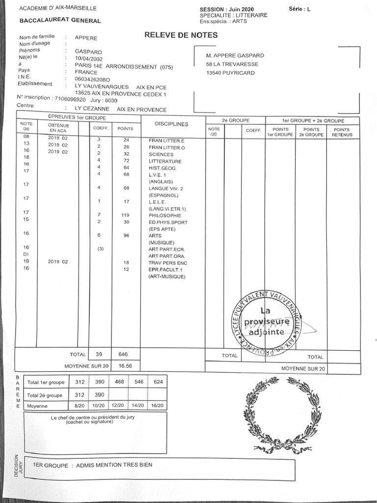 Relevé de Notes Du Bac Gaspard Appéré | PDF