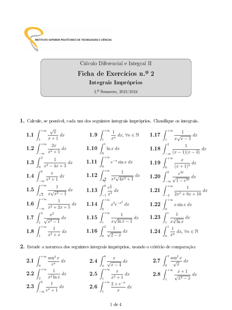 Exercícios de Integrais Impróprios | PDF | Física Matemática | Cálculo