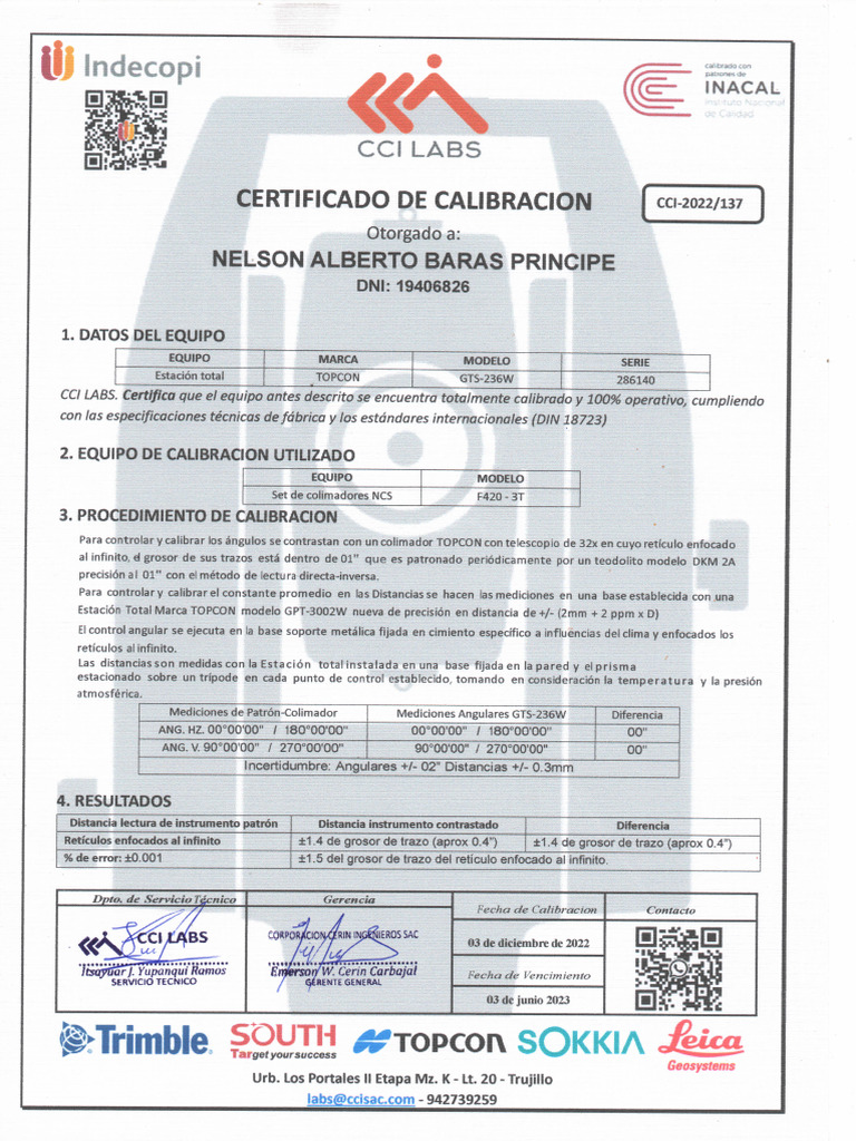 Certificado de Calibracion de Equipo Topografico | PDF