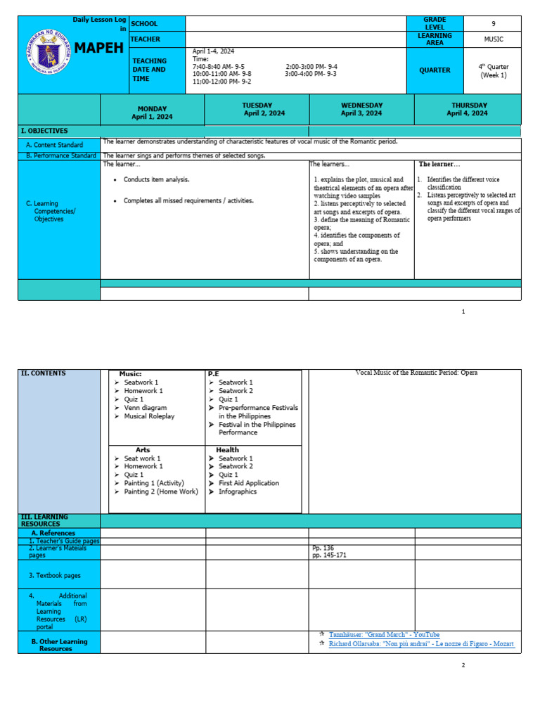 Q4 - Music 9 - Week 1 | PDF | Opera | La Traviata